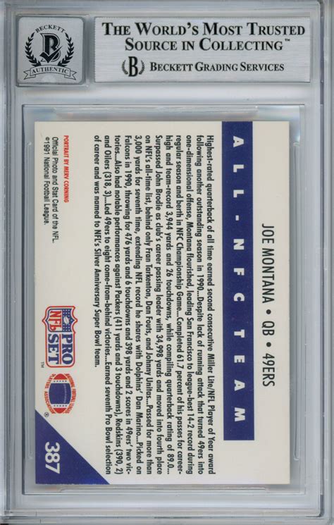 Joe Montana Autographed 1991 Pro Set 387 Trading Card Beckett 10 Slab