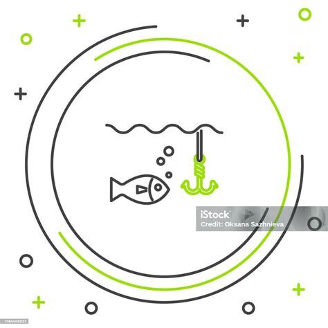 검은 색과 녹색 선 흰색 배경에 격리 된 물고기 아이콘이 있는 물 아래 낚시 고리 낚시 도구 다채로운 개요 개념입니다 벡터