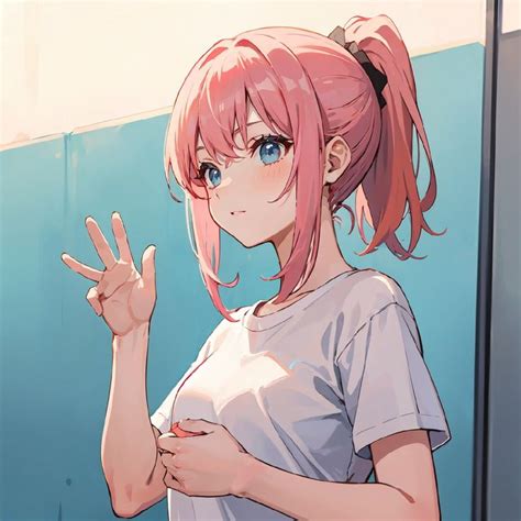 Cute Girl Pink Hair Blue Blue Eyes Ponytail Hair Touching Her