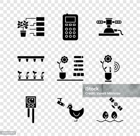 세트 꽃 분석 원격 제어 자동 관개 스프링클러 온도 및 습도 센서 치킨 농장 카메라 무인 항공기와 스마트 상태 아이콘 벡터 감지기에 대한 스톡 벡터 아트 및 기타 이미지