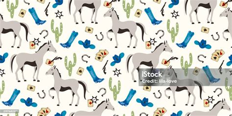 모자 말 부츠 보안관 배지 리볼버 카드 놀이 말굽 및 선인장과 카우보이 와일드 웨스트 완벽 한 패턴 포장 포장지 또는 섬유 디자인에 대한 귀여운 손 그리기 그림 개척시대의