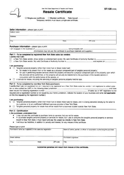 Fillable Form St 120 Resale Certificate Printable Pdf Download