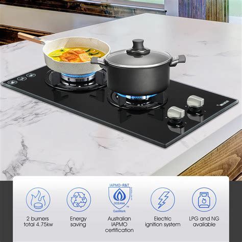 2 Burner Gas Cooktop Cooker Hob Stove Top Knobs 30cm Ng Lpg Ceramic Glass Surface Black Maxkon