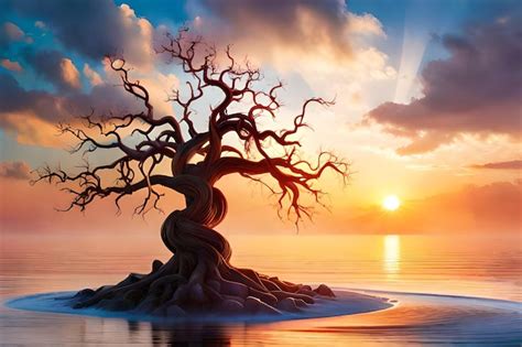 Premium AI Image A Tree On An Island With The Sun Setting Behind It