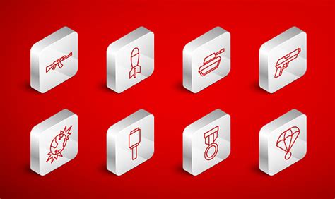 라인 낙하산 로켓 발사기 군용 탱크 권총 또는 총 보상 메달 기관단총 대전차 수류탄 및 폭탄 폭발성 행성 지구 아이콘을 설정하십시오 벡터 3차원 형태에 대한 스톡 벡터 아트