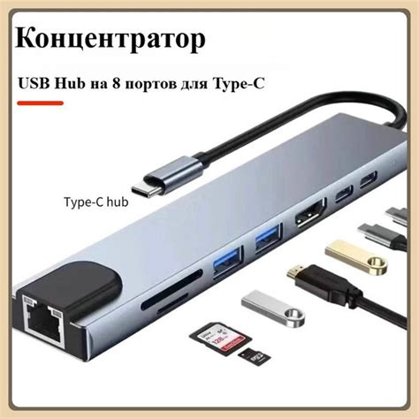 Usb Концентратор на 8 портов Usb Type C Hdmi Ethernet Microsd Sd Разветвитель хаб