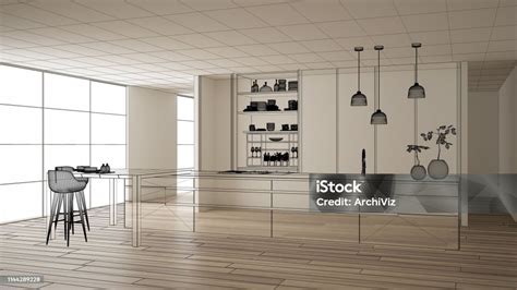 쪽모이 세공 마룻바닥과 흰색 벽 사용자 정의 건축 디자인 프로젝트 검정색 잉크 스케치 현대 부엌 개념 모형 건축가 아이디어를 보여주는 청사진으로 빈 흰색 인테리어 0명에