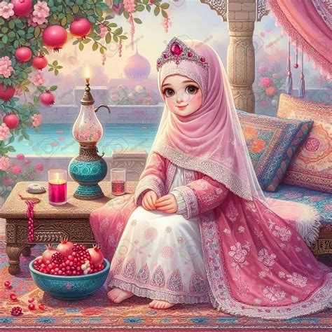 بک گراند کودکانه دختر کوچولوی ناز با حجاب نشسته روی تخت چوبی با چیدمان یلدایی کد 43246 ویژه عکس