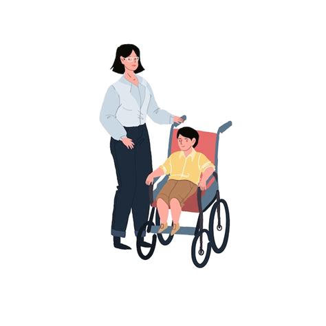부모가 장애 아동을 돌보고 지원하는 휠체어를 탄 평면 만화 아이 캐릭터 프리미엄 벡터