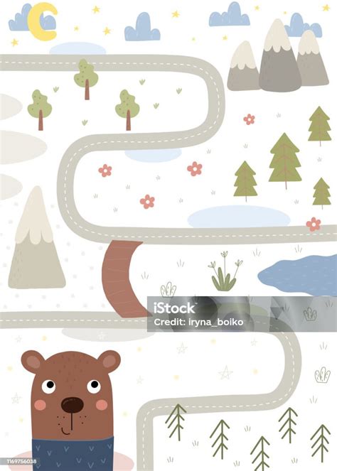 스칸디나비아 벡터 미로 산 숲 호수 꽃 곰 달 구름과 만화 도로 벡터 미로 만화 포스터입니다 어린이 방의 장식 카펫에 인쇄하는