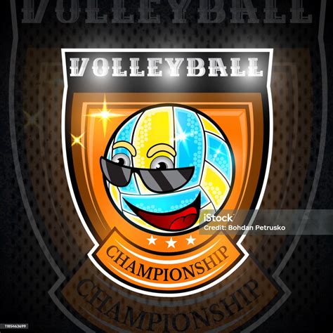 방패의 중앙에 선글라스와 비치 발리볼 캐릭터 모든 팀 또는 챔피언십용 스포츠 라벨 강철에 대한 스톡 벡터 아트 및 기타 이미지