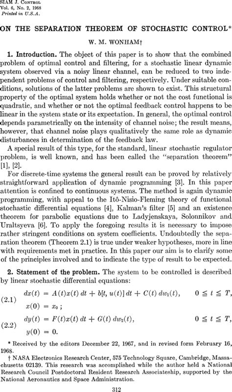 On The Separation Theorem Of Stochastic Control Siam Journal On Control And Optimization