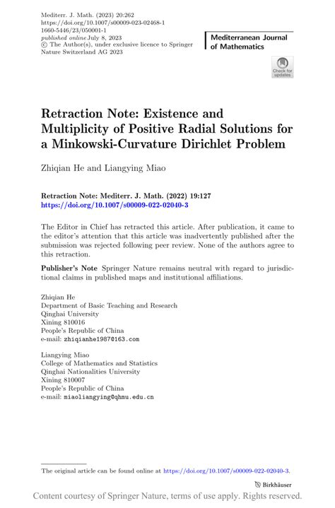 Retraction Note Existence And Multiplicity Of Positive Radial Solutions For A Minkowski