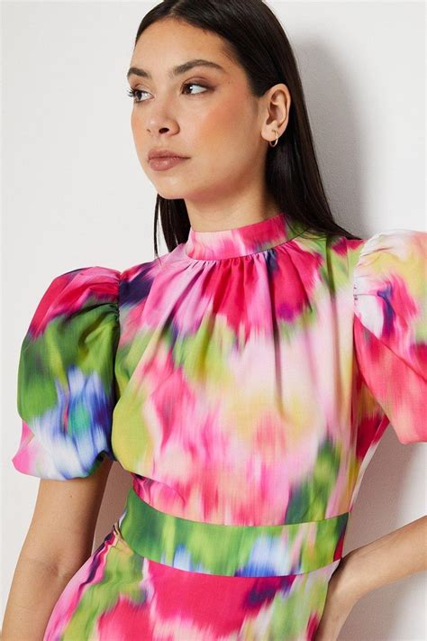 Blurred Floral Puff Sleeve Midi Dress Pink Multicolor Abstract