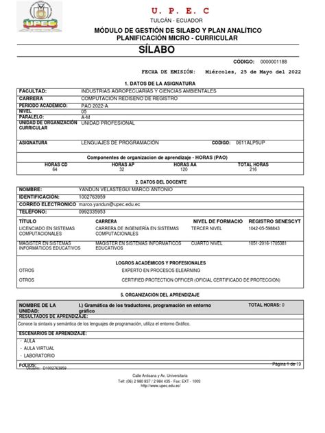 Sistema Silabo Computacion 5to Nivel Lenguajes De Programación