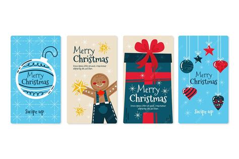 손으로 그린 평면 크리스마스 인스 타 그램 이야기 모음 무료 벡터