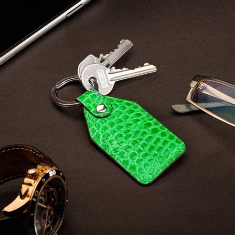 Rectangular Leather Key Ring Emerald Croc Key Fob Sagebrown