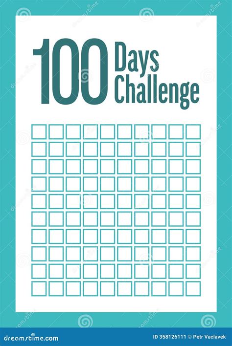 Teal 100 Days Challenge Tracker Template Ready For Print Stock Vector