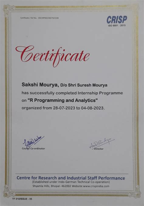 Received R Programming Certificate From Crisp Sakshi Mourya Posted On The Topic Linkedin