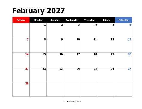 Free February 2027 Calendar Printable Pdf Word