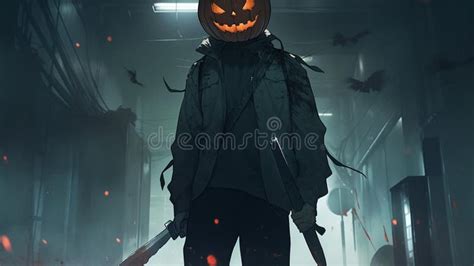Ai Generated Illustration Of A Male Wearing A Spooky Halloween Pumpkin Mask Stock Illustration