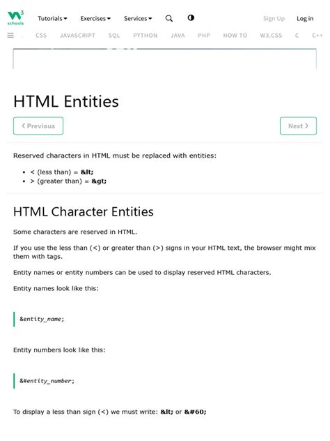 Html Character Entities Pdf Html Text