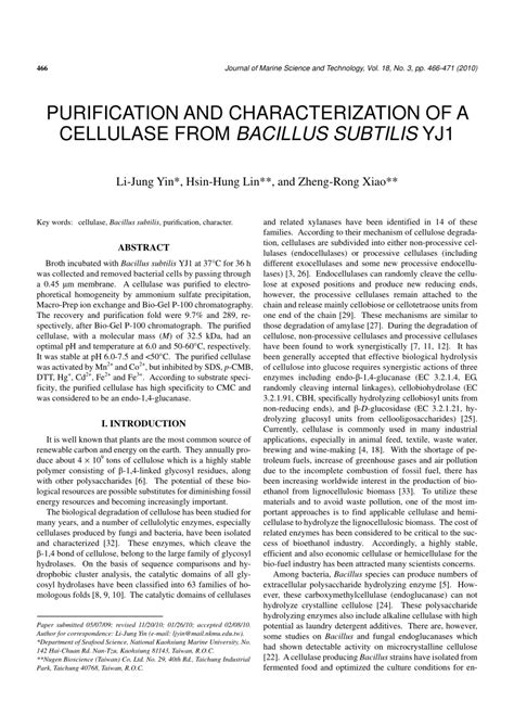 Pdf Purification And Characterization Of A Cellulase From Bacillus Subtilis Yj1