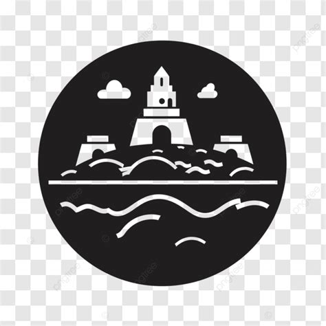 물 위에 랜드마크 성을 보여주는 검은색 아이콘 벡터 흰색 배경에 있는 단순한 검은색 고고학 아이콘 그림자 없음 작은 프레임