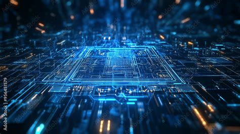 Supercomputer Cpu And Gpu Circuits Mother Board Interconnection With Neon Glowing Light A