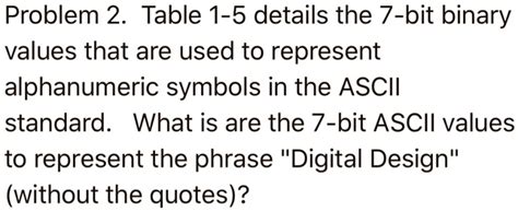 Solved Problem 2 Table 1 5 Details The 7 Bit Binary Values That Are Used To Represent