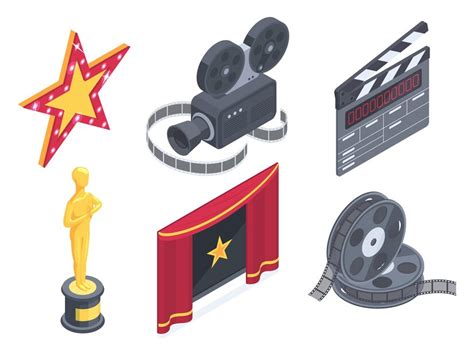 아이소메트릭 영화 영화 기호 영화 극장 영화 영사기 황금 보상 및 Slapperboard 3d 벡터 일러스트 세트 흰색 배경에 고립 프리미엄 벡터