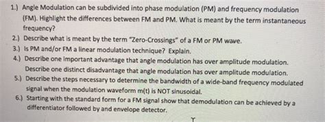 Solved 1 Angle Modulation Can Be Subdivided Into Phase Chegg Com