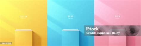 3d 배경 노란색 파란색 분홍색 큐브 상자 받침대 연단에 벽 장면에 창 조명이 있습니다 미니멀한 디자인의 추상적인 구성 플랫폼 화장품 프리젠 테이션 무대 쇼케이스 3차원