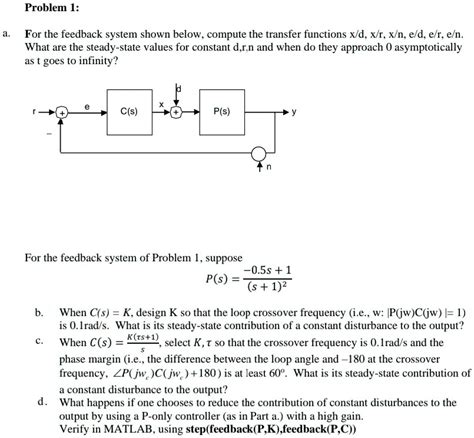 solved matlab problem 1 for the feedback system shown below compute