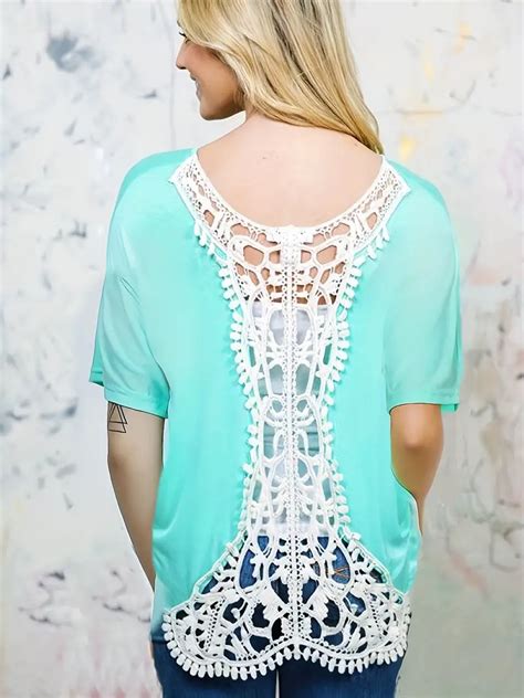 컷아웃 레이스 크루넥 티셔츠 봄 여름용 캐주얼 반소매 탑 여성 의류 Temu