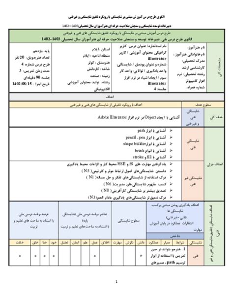 طرح درس آشنایی با ایجاد Object در نرم افزار Adobe Illustrator آموزش مبتنی بر شایستگی با رویکرد