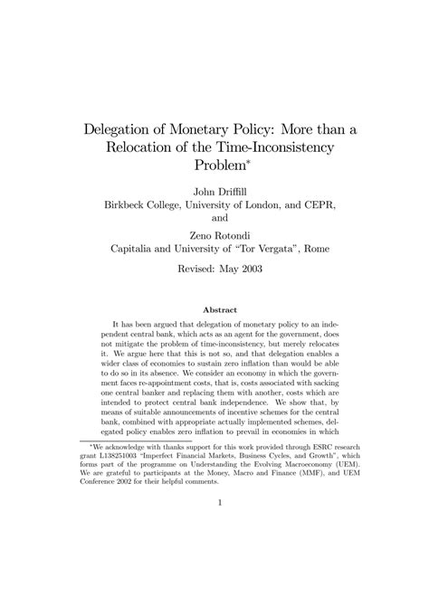 Pdf Delegation Of Monetary Policy More Than A Relocation Of The Time