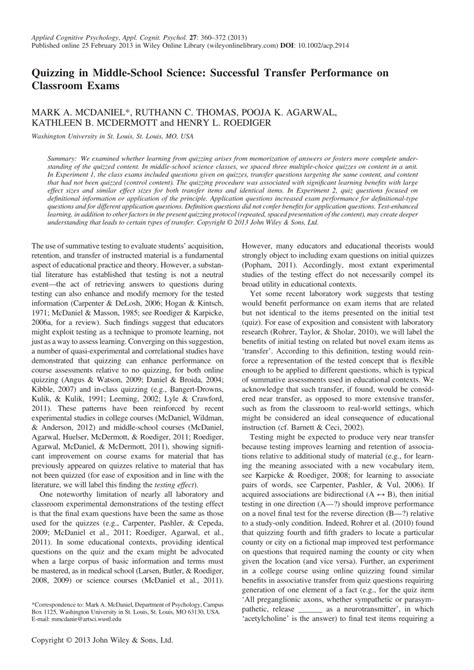 Pdf Quizzing In Middle School Science Successful Transfer