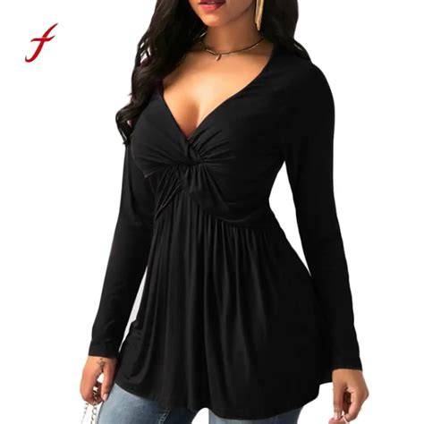 Feitong Sexy Deep V Neck Blouse Tops Plus Size Clothes Women Fashion Solid Color Long Sleeve