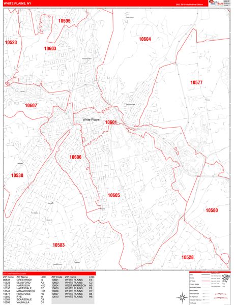 White Plains New York Zip Code Wall Map Red Line Style By Marketmaps