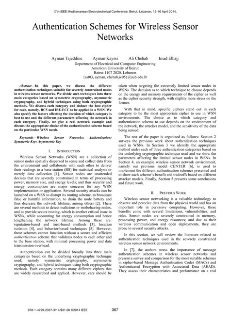 Pdf Authentication Schemes For Wireless Sensor Networks