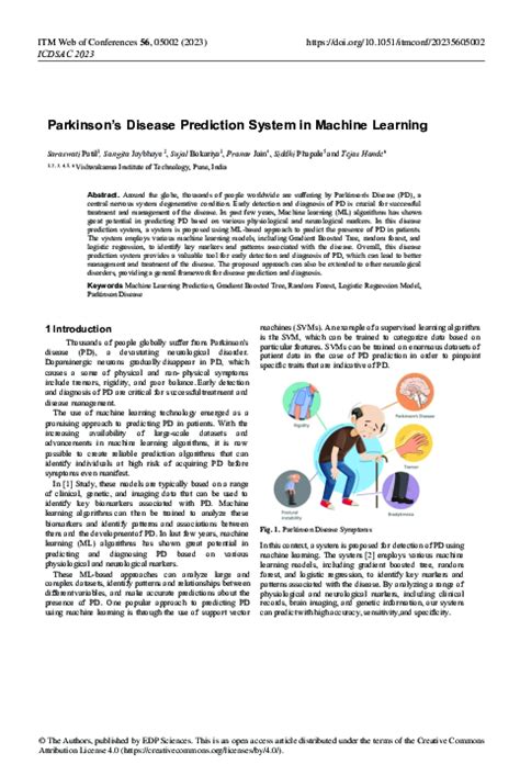 Pdf Parkinsons Disease Prediction System In Machine Learning
