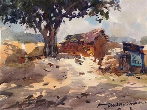 Village Landscape Watercolor Painting By Madhusudan Das Exotic