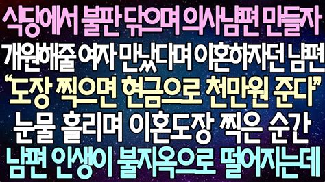 반전 사연 식당에서 불판 닦으며 의사남편 만들자 개원해줄 여자 만났다며 이혼하자던 남편 눈물 흘리며 이혼도장 찍은 순간 남편 인생이 불지옥으로 떨어지는데사이다사연
