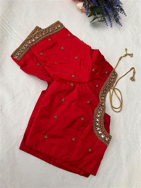 Red Color 38 To 40 Size 4 Inche Margin Aari Work Saree Blouse Banarasi