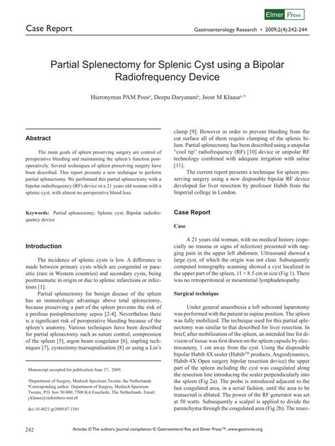 Pdf Partial Splenectomy For Splenic Cyst Using A Bipolar