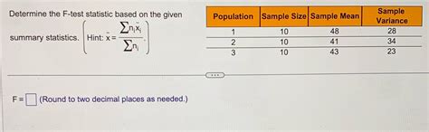 Solved Determine The F Test Statistic Based On The Given Population Sample Course Hero
