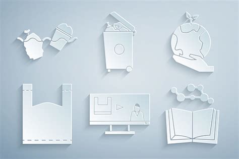 세트 플라스틱 오염을 중지 손으로 들고 지구 지구 비닐 봉지 오픈 북 휴지통 및 바다 아이콘의 문제 벡터 3차원 형태에 대한 스톡 벡터 아트 및 기타 이미지 Istock