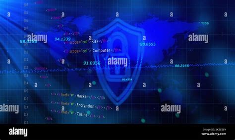 Security Padlock And Shield Icon And Stock Market Data Processing Over