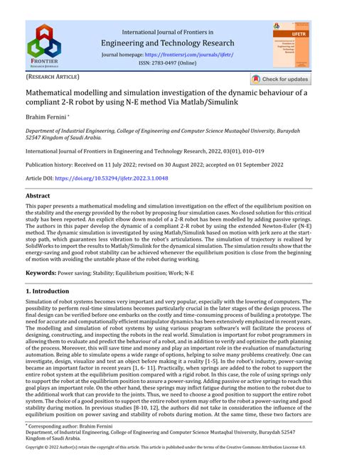 Pdf Mathematical Modelling And Simulation Investigation Of The Dynamic Behaviour Of A